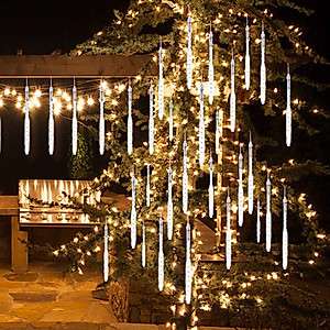 Vikdio Meteor Shower Rain Lights, 30cm 16 Spiral Tubes 480 LEDs 5.25m Lit Length Waterproof Snowfall LED Lights for Wedding Christmas Garden Tree Home Decor, Support 2 Sets Connected (Blue)