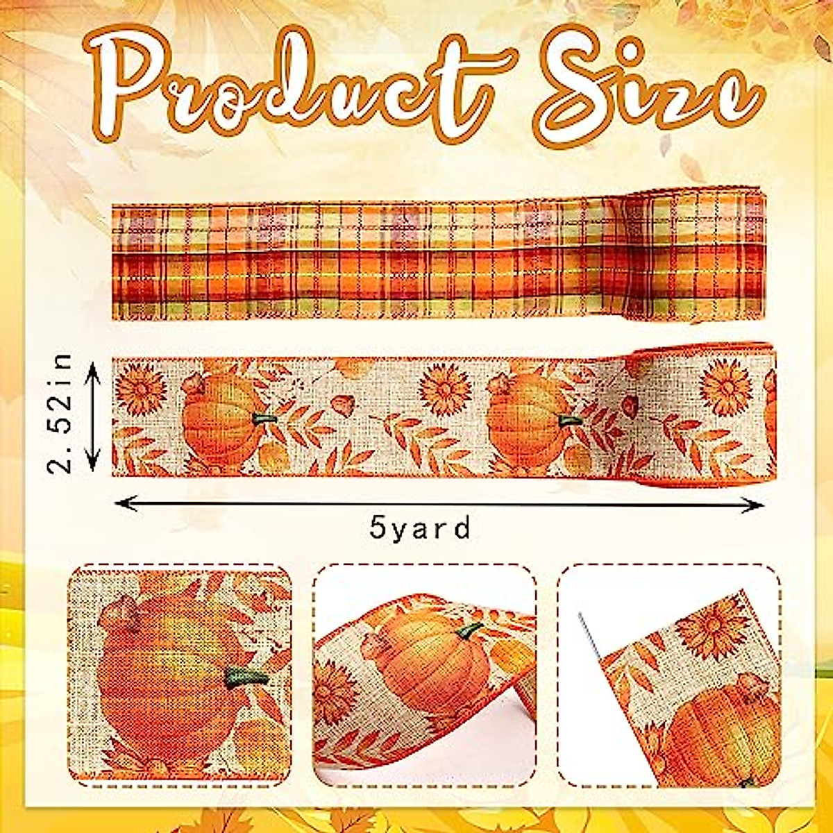 Threetols 2 Rolls 10 Yards Fall Wired Edge Ribbons, 2.5inch Orange Plaid Burlap Ribbons, Autumn Leaves Pumpkin Ribbon for Thanksgiving Party DIY Craft Fall Wreath Bow Decor