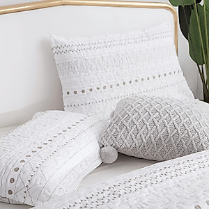 BBSET White Quilt Set Queen 90x90 Inch, 3 Pcs Striped Boho Geometric Bedding Quilts,Bohemian Aztec Brushed Reversible Bedspread Microfiber Coverlet Sets for All Season- 1 Quilt and 2 Pillow Shams