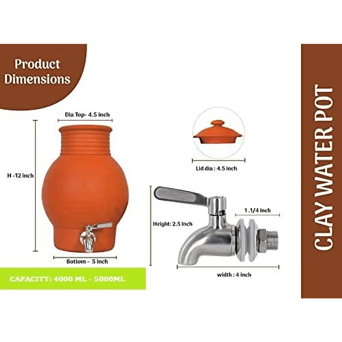 Village Decor HandMade Earthen Clay Water Pot Water Dispenser with Stainless Steel Faucet Spigot | Capacity 135 oz 4000 ml