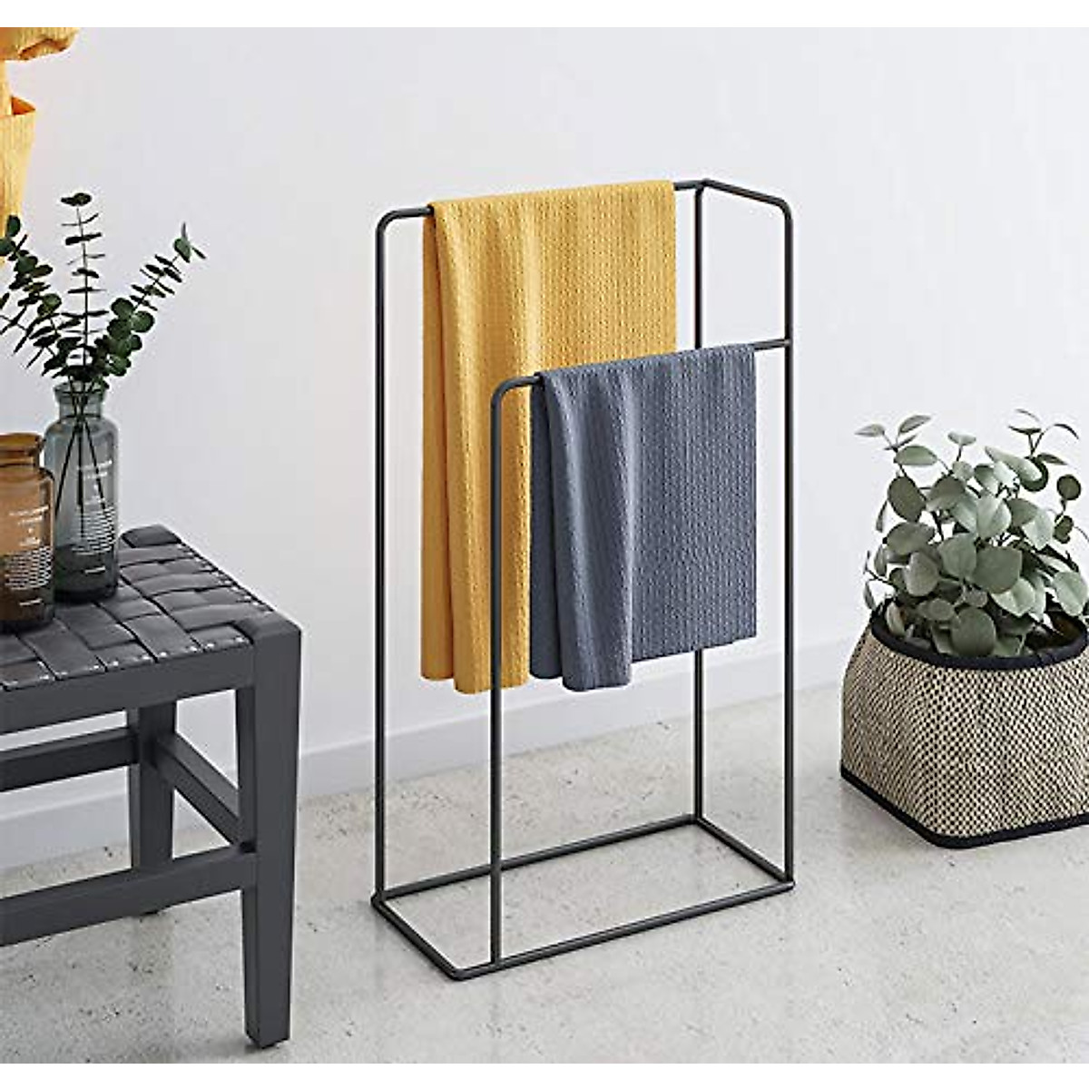 Towel Holder Stand Floor Standing Towel Rack for Bathrooms with 2 Towel Rails Modern Black Freestanding Shelf Storage Metal with Rust-Resistant Finish for Bath Towels and More