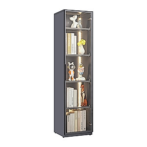 Holaki Display Cabinet with Glass Doors and Lights, 63" Tall Bookcase,5-Tier Storage Shelves, Single Door Metal Storage Cabinet,Trophy Case Display Cabinet for Collectibles,Display Case Cabinet,Grey