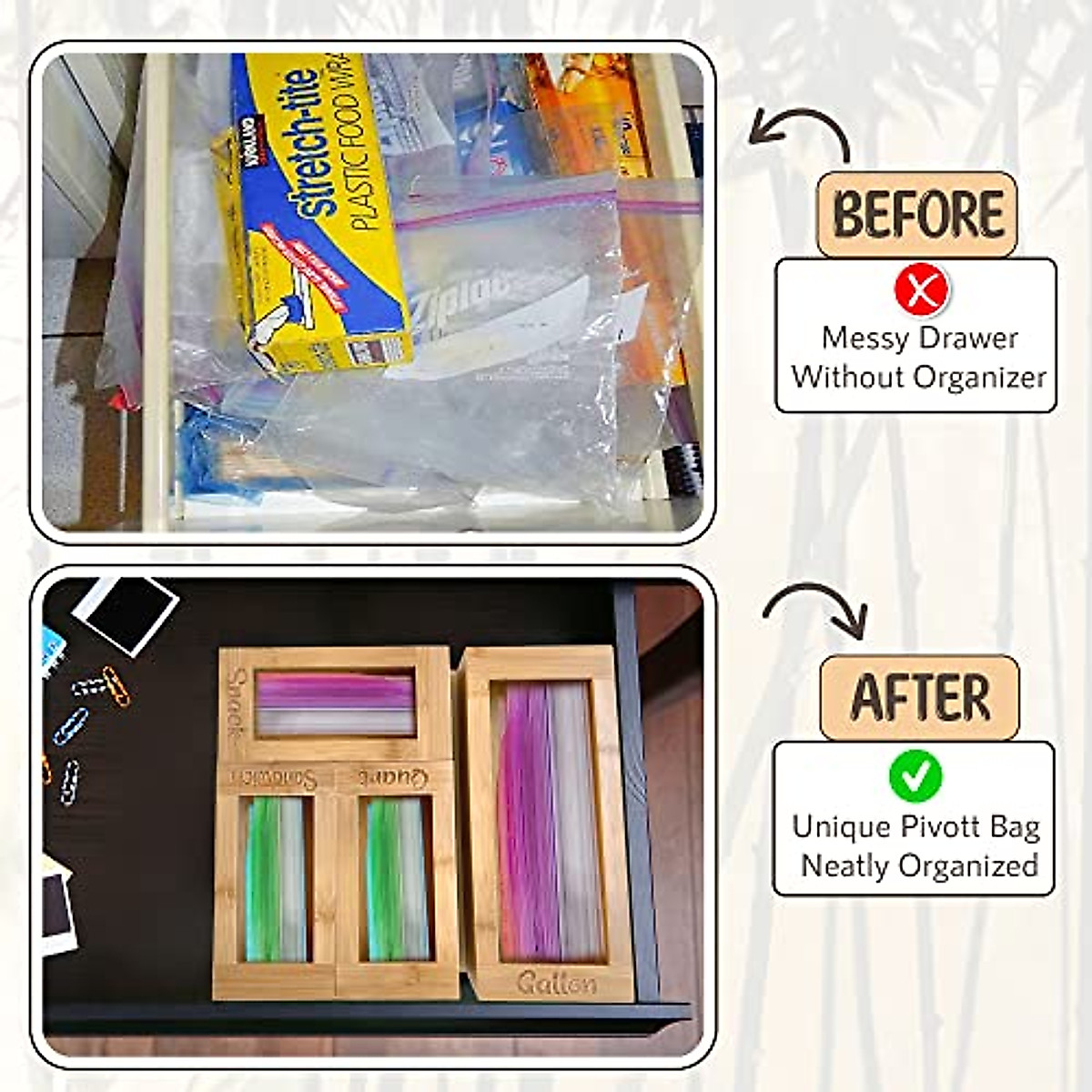 UNIQUE PIVOTT Ziplock Bag Organizer, Baggie Organizer, Ziplock Organizer for Drawer, Plastic Bag Organizer, Sandwich Bag Organizer for Drawer, Bamboo Drawer Organizer.