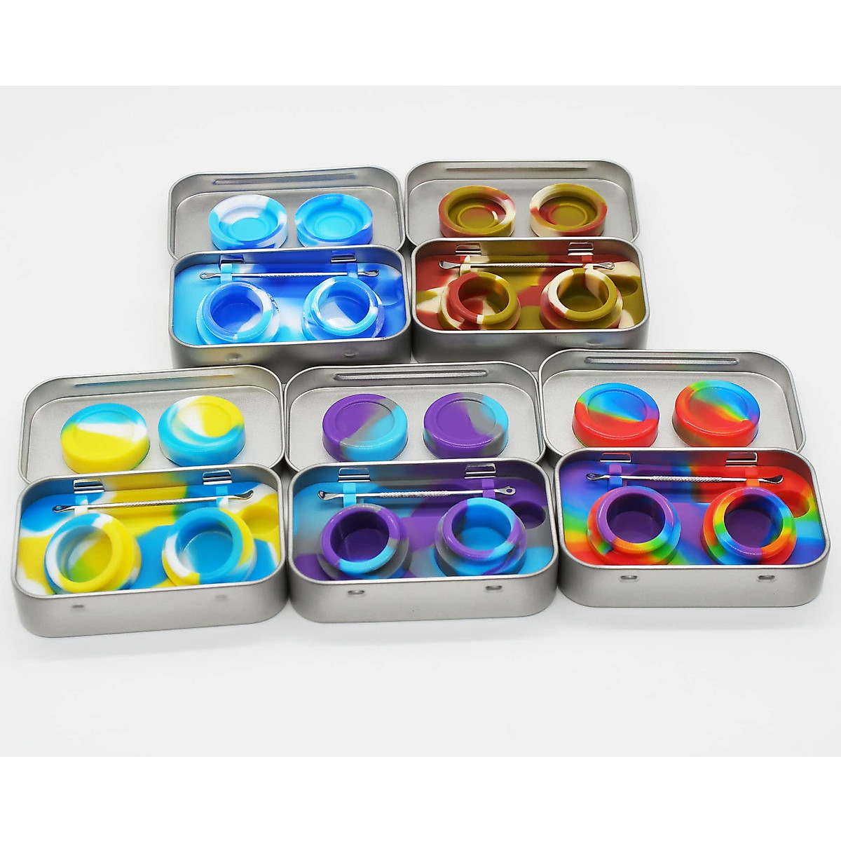 vitakiwi Portable 5ml Wax Silicone Containers Jars Non-stick with Stainless Steel Spoon and Tin Carrying Box, Multi-color (Set of 5)