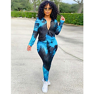 KANSOON Women Jogging Suit Set Textured 2 Piece Outfit Long Sleeve Zipper Jacket + Bodycon Pants Track Suits Sets Blue Black L