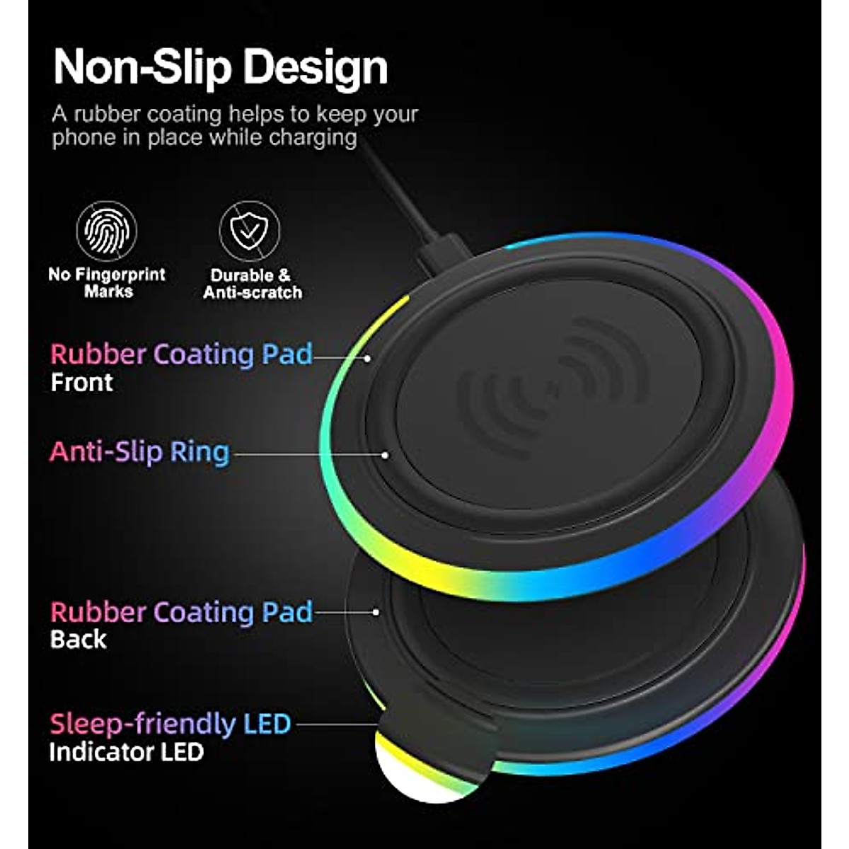 Wireless Charger Pad, 15W Max Fast RGB Wireless Charging Pad Compatible iPhone 14/14 Plus/14 Pro/14 Pro Max/13/13 Mini/SE 2022/12/11/X/8,Samsung Galaxy S22/S21/S20,AirPods 3 2 Pro(No AC Adapter) Black