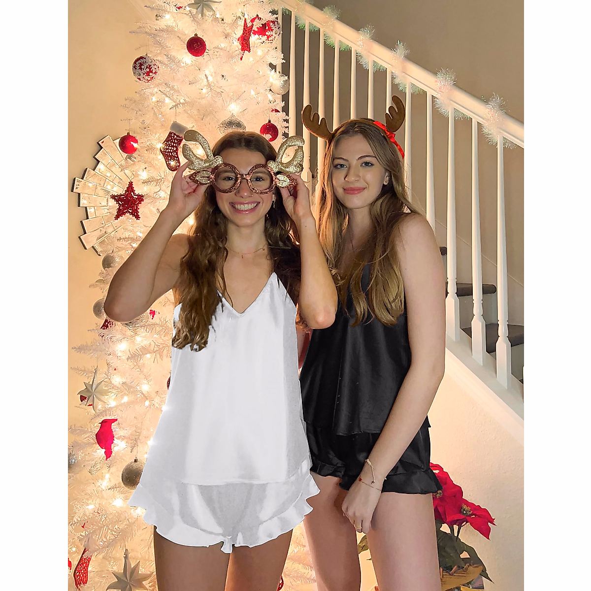 Ekouaer Satin Pajama Set for Women Silk Pjs for Women Set Camisole Top and Shorts with Ruffle Sleepwear White