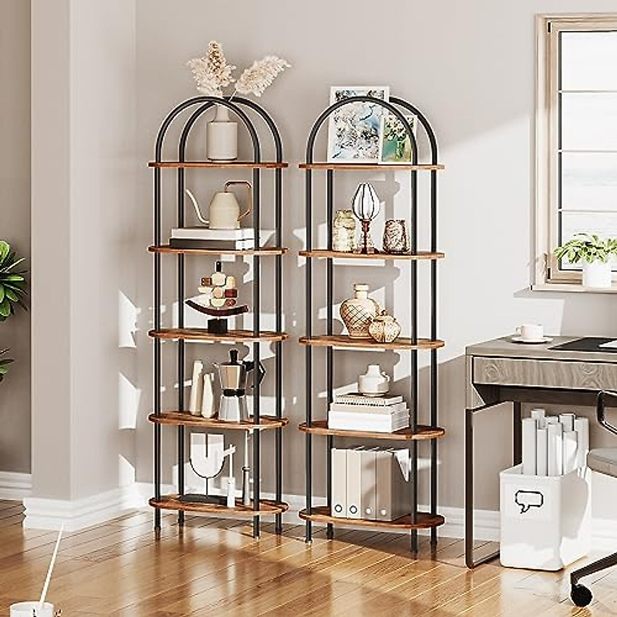 HOOBRO 5 Tier Bookshelf, Industrial Bookcase Arched, Tall Standing Bookshelves and Bookcases, Open Storage Shelves, Wooden Book Shelf for Bedroom, Living Room, Rustic Brown Bookshelf BF176SJ01
