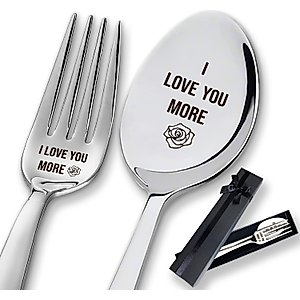 XIKAINUO 2 Pieces I Love You More Engraved Stainless Spoon and Fork, Funny Long Handle Dinner Fork Coffee Spoop with Gift Box, Birthday Valentine Couple Anniversary Spoon Gifts