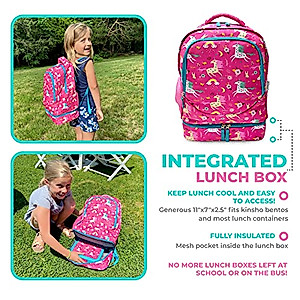 Unicorn Backpack with Lunch Box for Girls, Cute 15” Girl Backpacks and Integrated Lunch Bag with Water Bottle Pocket Holder, Insulated Padded Travel Bags Boxes for Elementary School Kids, Pink Teal