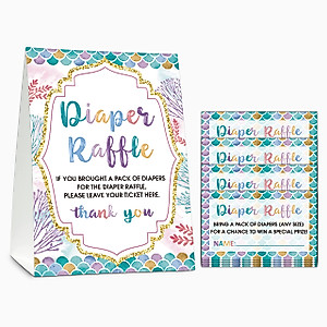 Diaper Raffle Baby Shower Game Set(1 Standing Sign + 50 Guessing Cards), Mermaid Theme Diaper Raffle Tickets for Baby Shower, Under The Sea Baby Shower Party Favor Decor - B16