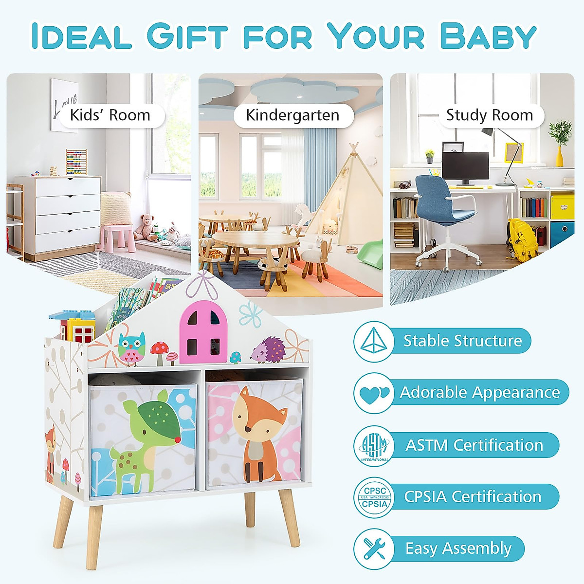 Costzon Kids Dollhouse Bookshelf, Wooden Bookcase for Children, Toy Storage Organizer with 2 Fabric Drawers, 2-Tier Montessori Toddler Book Shelf for Kids Room, Playroom, Nursery, White