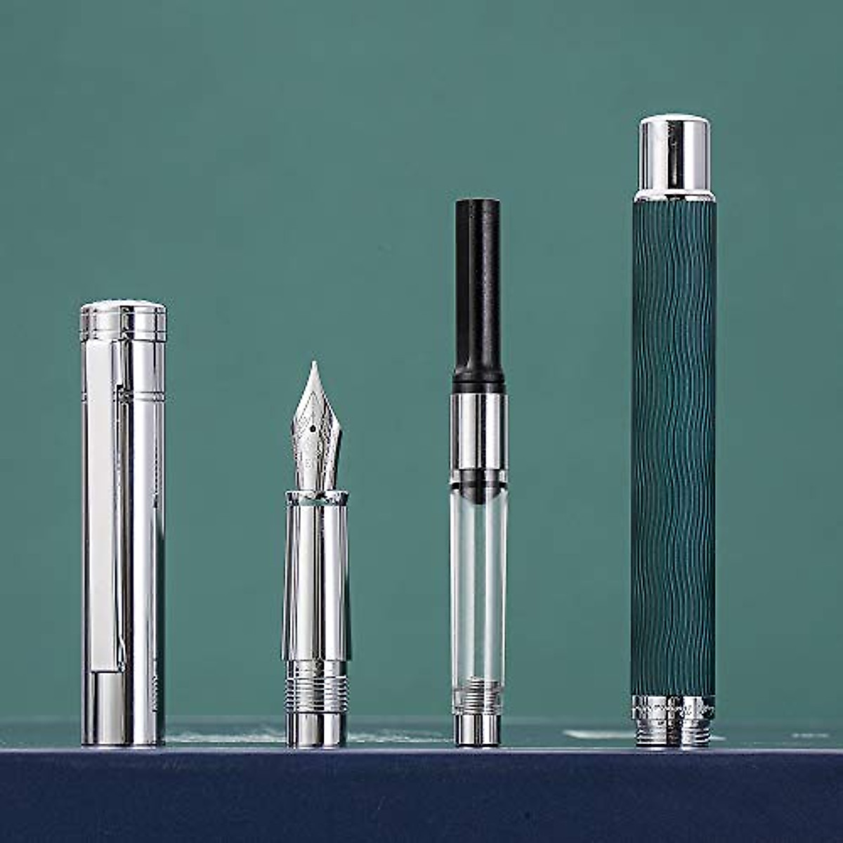 Hongdian 1843 Navigator Fountain Pen Fine Nib Solid Metal, Green Ripple Pattern with Refillable Converter and Metal Pen Case