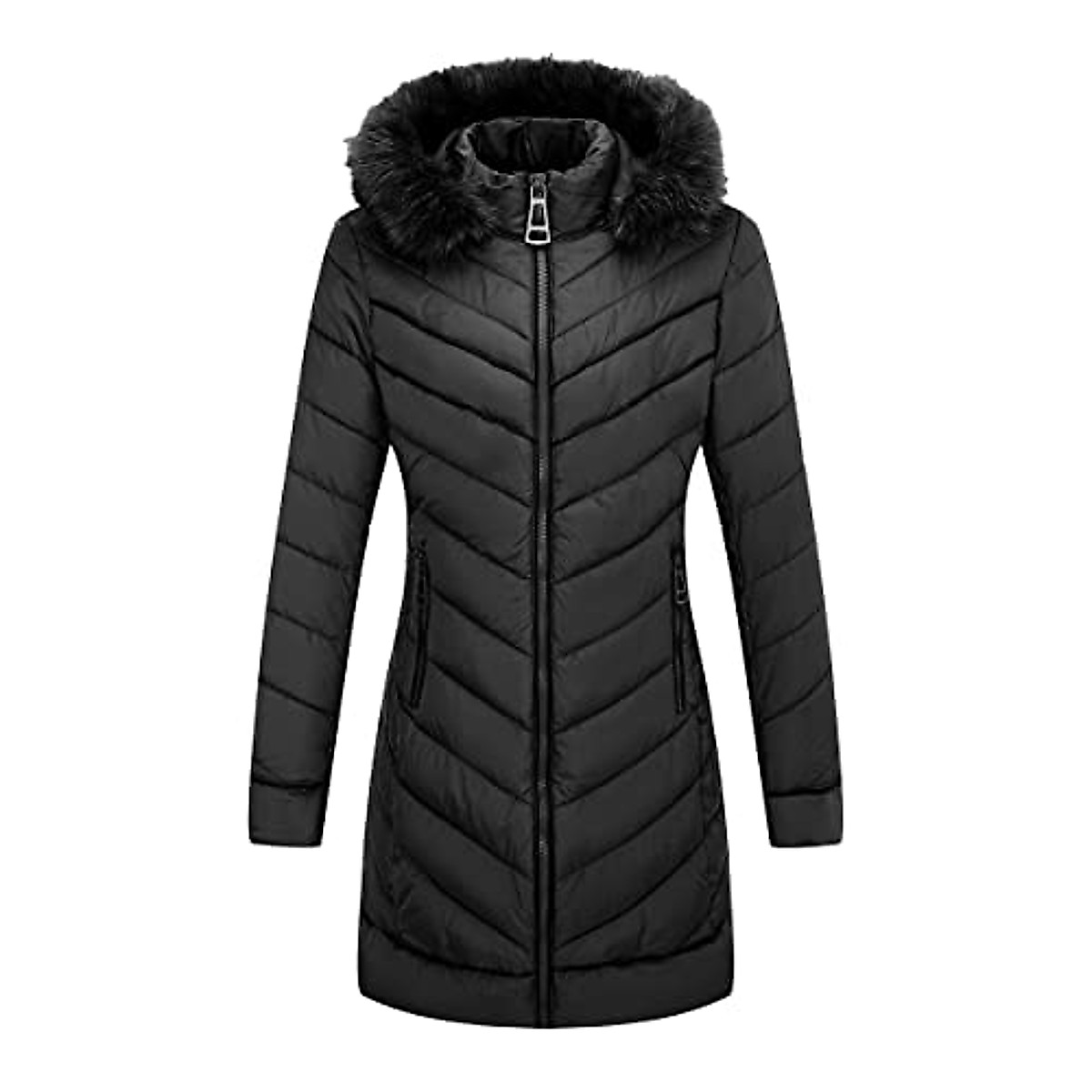 Bellivera Puffer Jacket Women,Lightweight Padding Bubble Hooded Coat with Fur Collar Warmth Outerwear 23707 Black XL