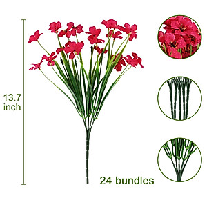 Artificial Outdoor Flowers Violet 24 Bundles UV Resistant Fake Plastic Faux Greenery Plants for Wedding Home Garden Porch Decoration (Fuschia)