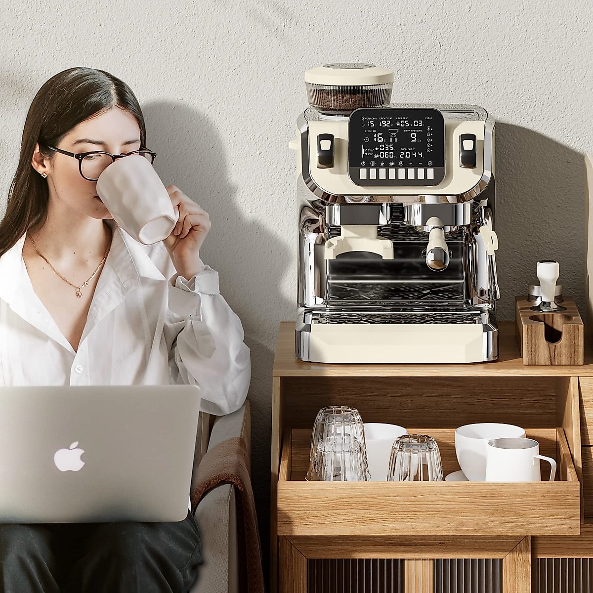 Mcilpoog TC520 Espresso Machine with Milk Frother，Semi Automatic Coffee Machine with Grinder,Easy To Use Espresso Coffee Maker with 6 inch Large Screen,15 Bar Pressure Pump,PID Temperature Control.