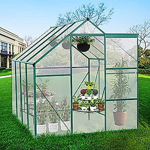 Outdoor Patio Greenhouse, Adjustable Roof Vent and Rain Gutter for Plants,Walk-in Polycarbonate Greenhouse, Garden Greenhouse for Flowers in Winter, Garden, Backyard,Silver-6 x 8 FT