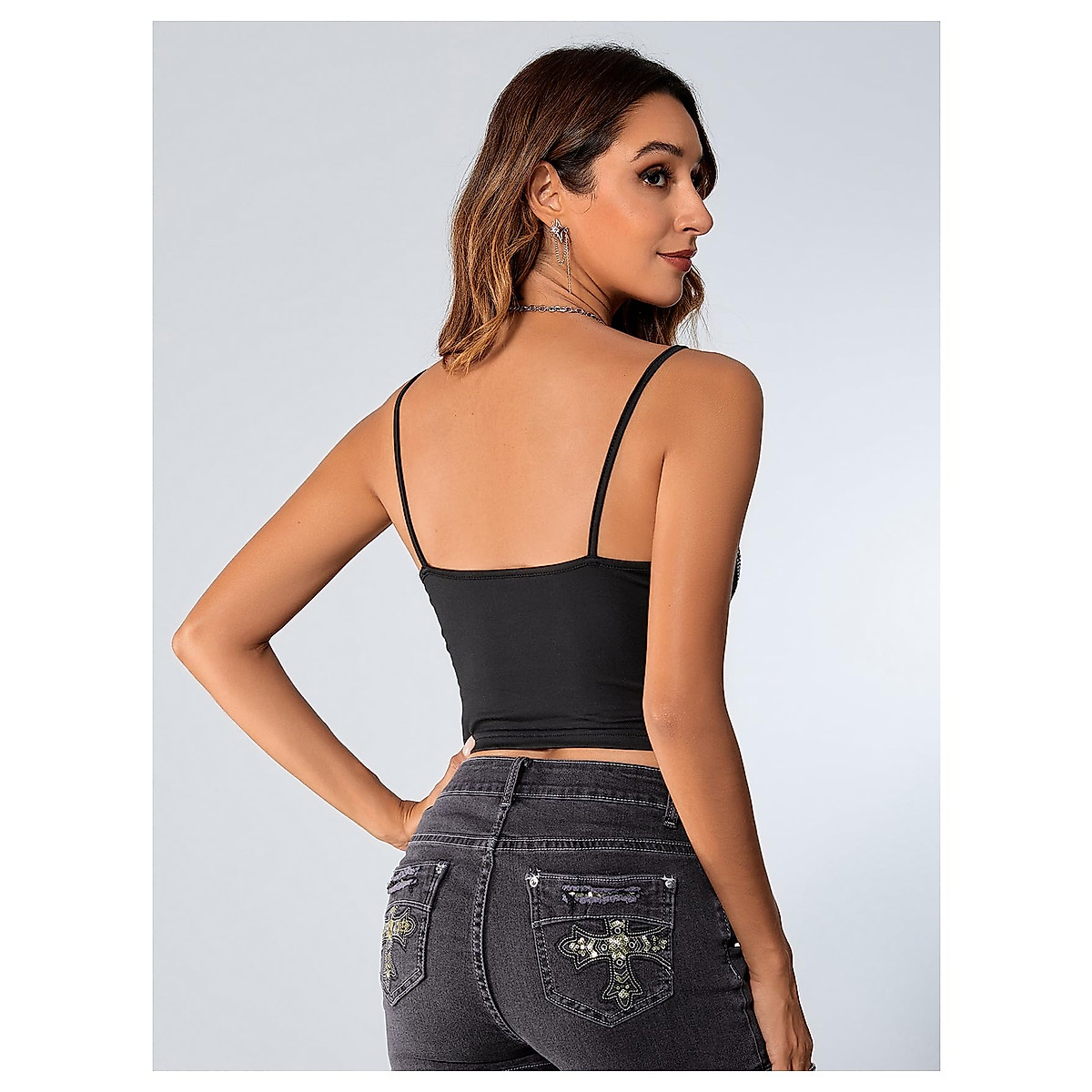 SOLY HUX Women's Y2k Gothic Lace Trim Cami Crop Top Sleeveless Sexy Tank Tops Camisole Clubwear Outfit Black Rhinestone Heart L