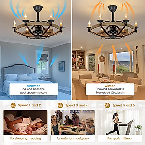 MADSHNE 32" Caged Ceiling Fans with Lights and Remote, Modern Farmhouse Fan Light for Living Room,Black Rustic Chandelier Candles,Reversible(Bulbs Included)