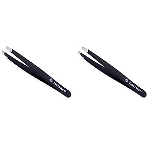 Stainless Steel Slant Precision Tweezers – Professional Tweezers for Eyebrows & Hair Removal – Black (Pack of 2)