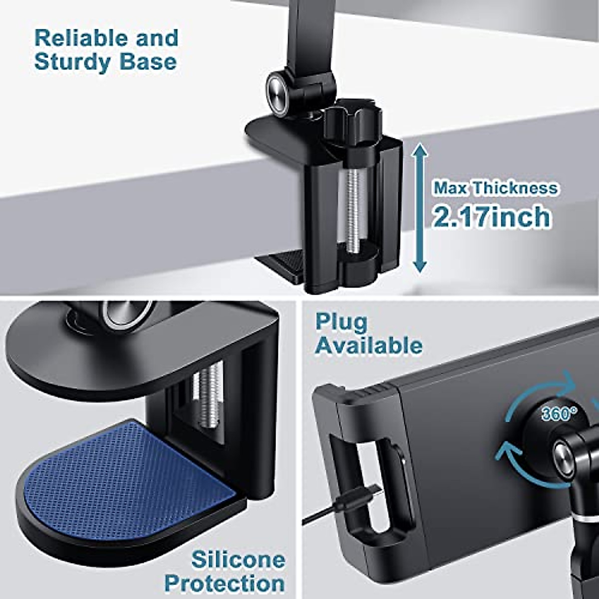 ZEXMTE Tablet Stand Holder, Adjustable Desktop Tablet Holder Mount Foldable Phone Stand with 360° Swivel Phone Clamp Mount Holder,Stable Tablet Stand for iPad 4.7-12.9" Tablets/Phones-Black