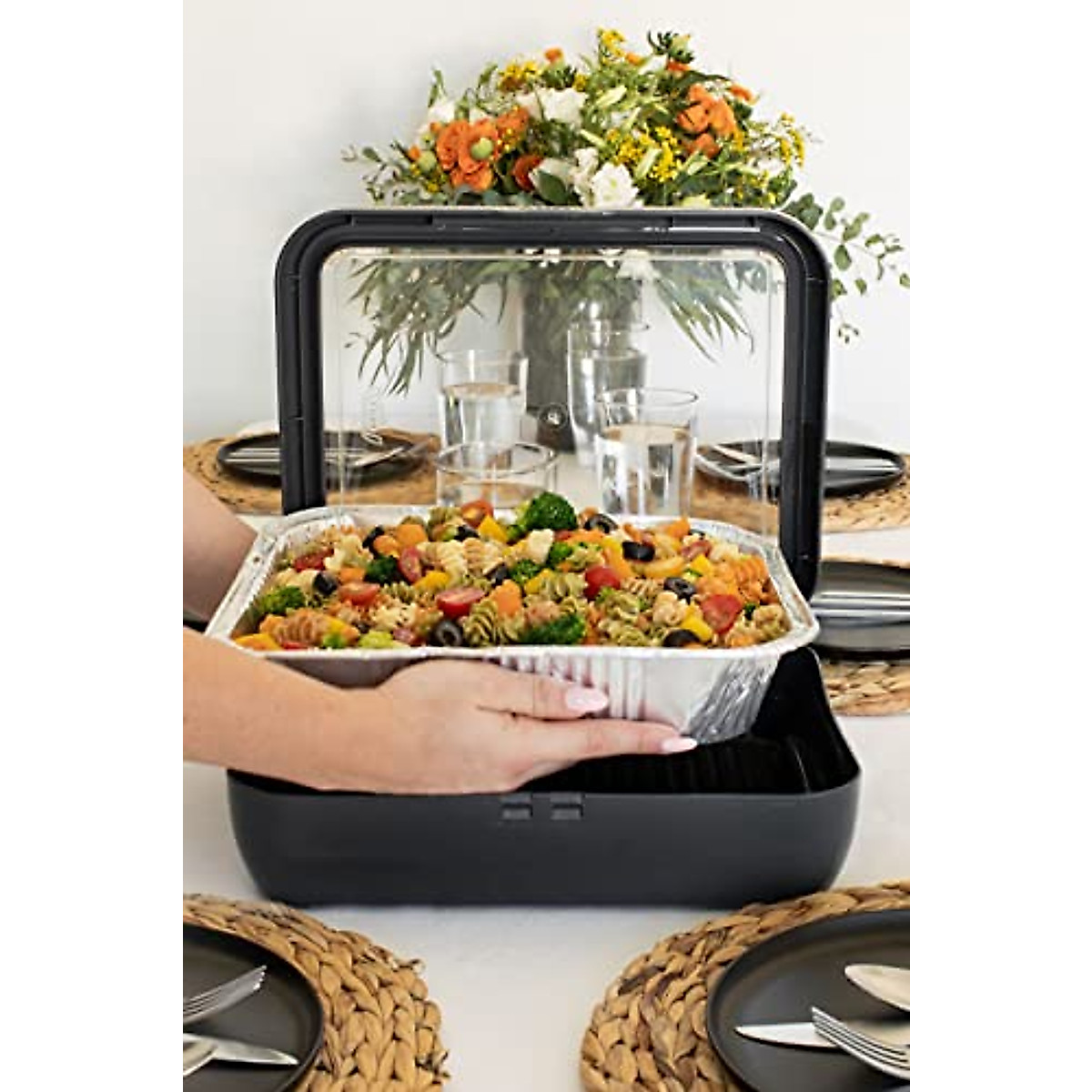 Fancy Panz Classic, Dress Up & Protect Your Pan, Made in USA, Fits Half Size Foil Pans & Serving Spoon Included. Hot or Cold Food. Stackable for easy travel. (Charcoal), (FPD03)