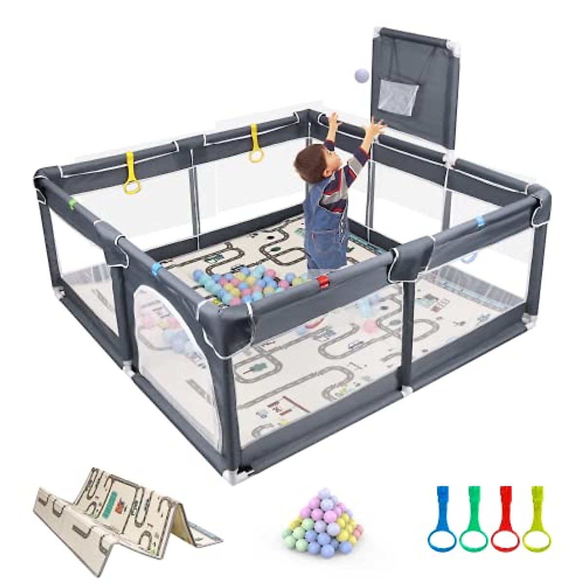 Baby Playpen with Basketball Large Playpen with Mat Playard for Babies Toddlers and Kids Play Pen Indoor & Outdoor Activity 63x63 Inches Extra Baby Play Pen with 100 PCS Ocean Balls