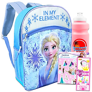Disney Bundle Frozen Backpack for Boys Girls Kids - 5 Pc with 16'' School Bag, Water Bottle, Stickers, and More (Disney Supplies), travel bag (Frozen Kids)