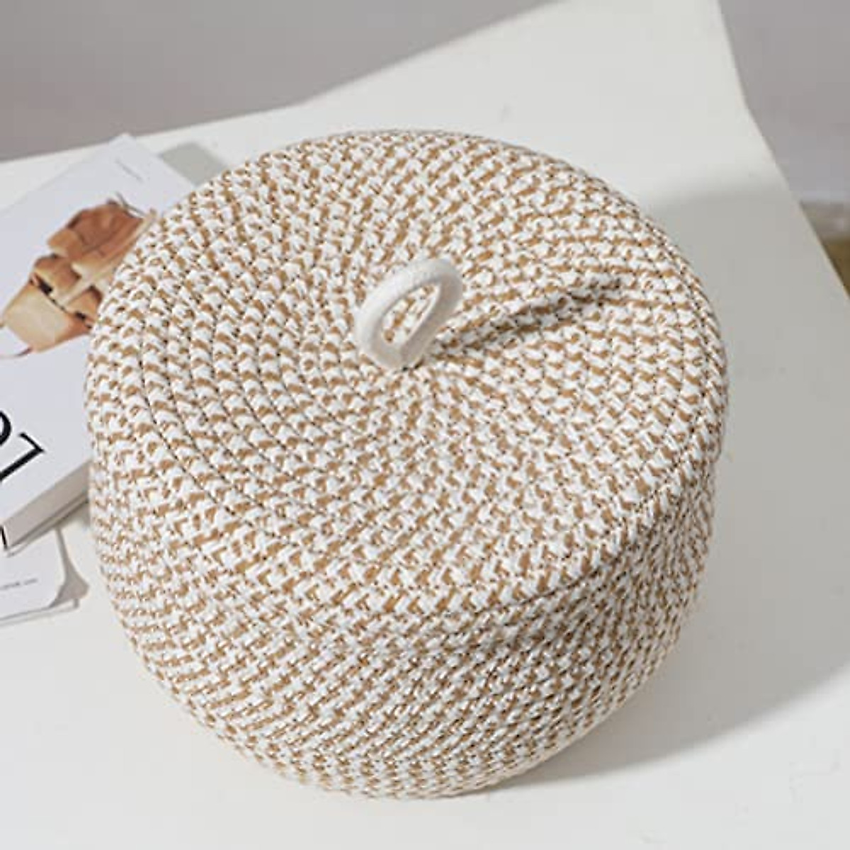 Woven Baskets Woven Wastebasket Cotton Rope Trash Can Tabletop Garbage Cans Wicker Waste Basket with Lid Decorative Countertop Container for Laundry Utility Home Office Decor
