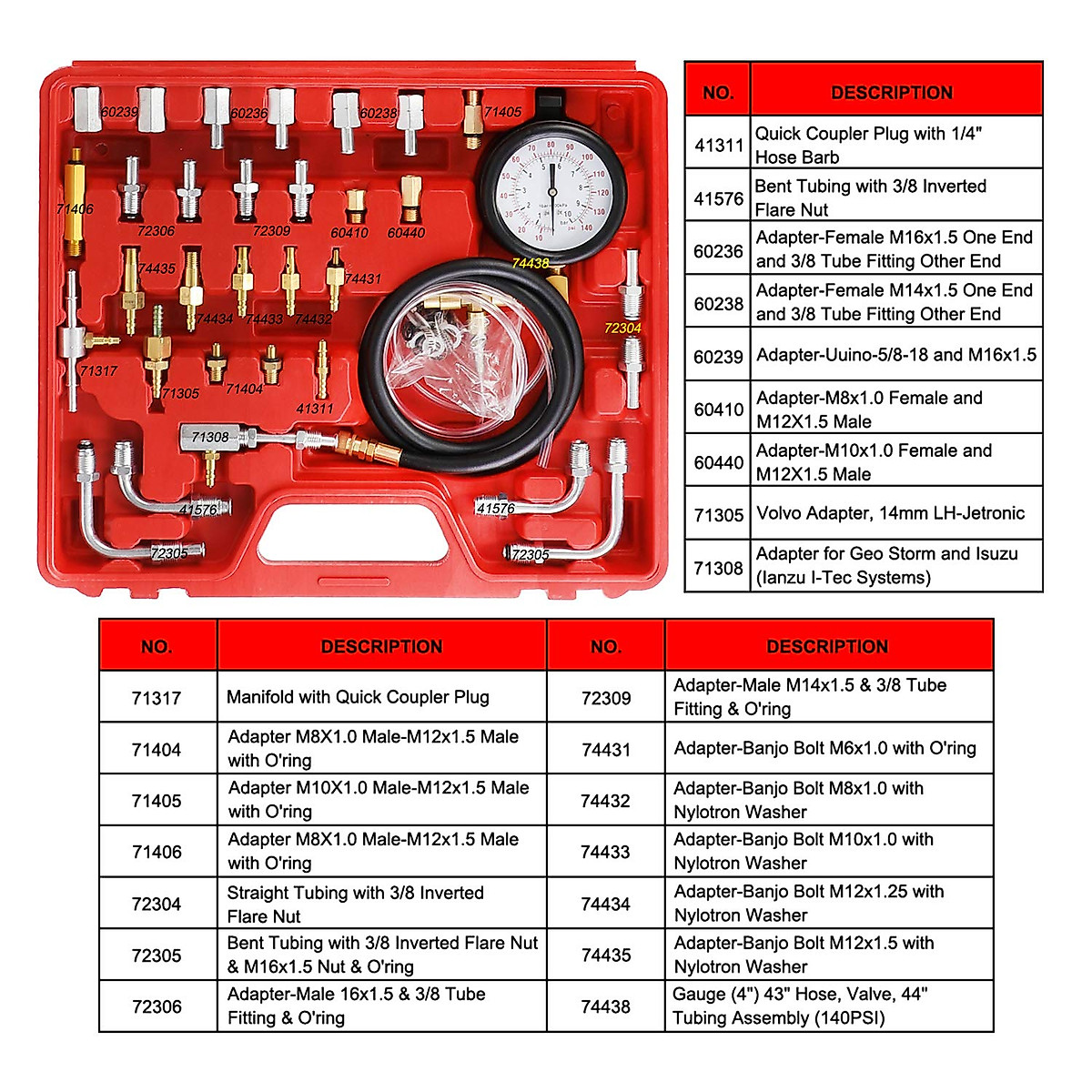 JIFETOR Fuel Injection Pump Pressure Tester Gauge Kit, Car Gasoline Gas Fuel Oil Injector Test Manometer Tool Set 0-140PSI, Universal for Auto Truck SUV Motorcycle ATV RV SUV