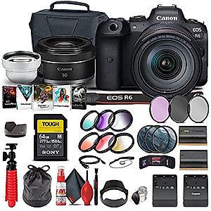 Canon EOS R6 Mirrorless Digital Camera with 24-105mm f/4L Lens (4082C012) + Canon RF 50mm f/1.8 STM Lens + 64GB Tough Card + Color Filter Kit + Case + Filter Kit + Photo Software + More (Renewed)