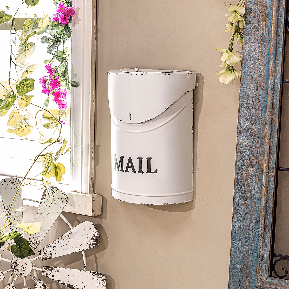 Rustic White Wall Mounted Mailbox Outdoor Metal Decorative Post Mail Box, Home Office Parcel Box with Drop Slot Secure Lock