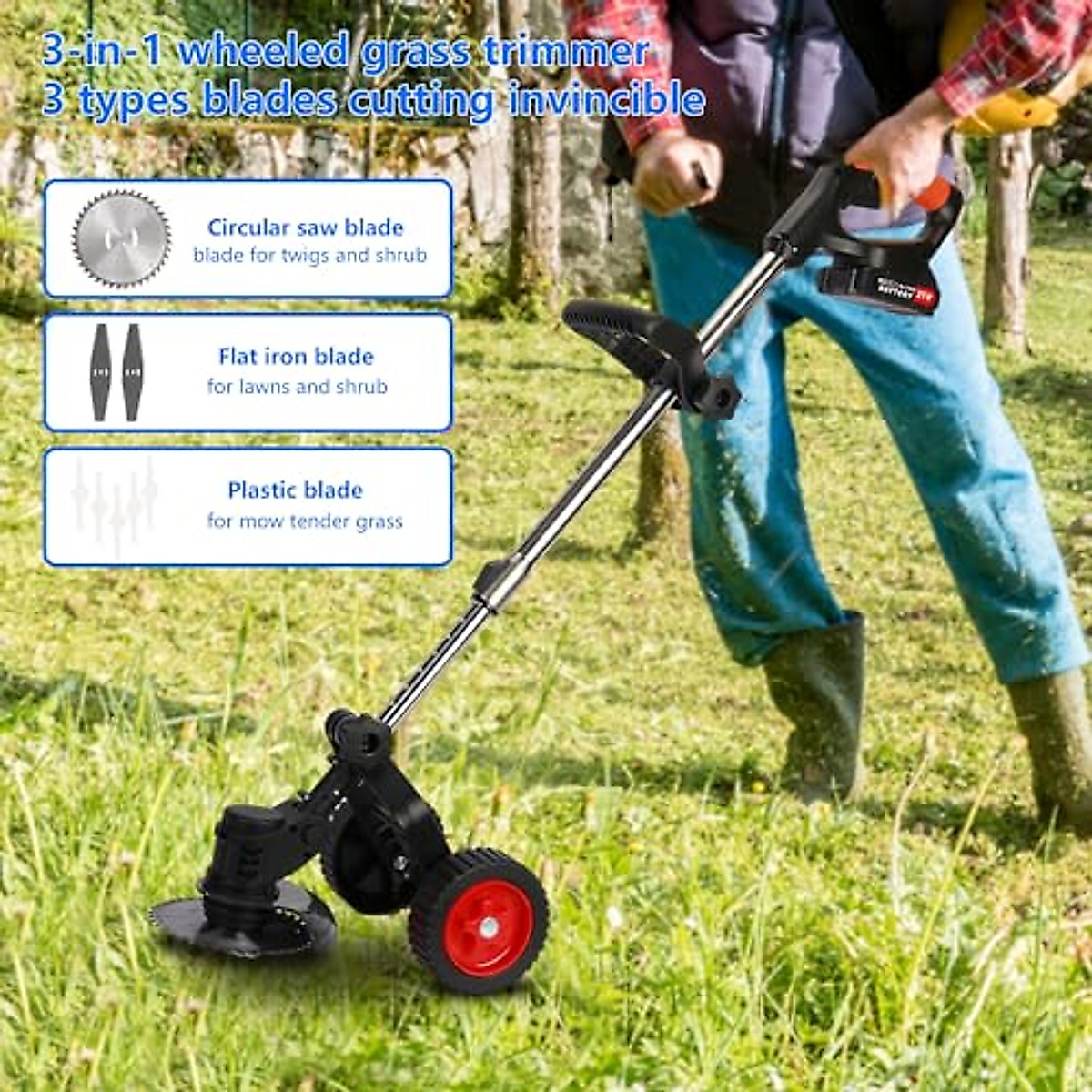Hesitroad 3 in 1 Electric Grass Trimmer, Rechargeable D-Shaped Handle Weed Eater Cordless 2 Wheel Telescopic Lawn Mower Full Functional Brush Cutter for Garden 21V 2000mAh Batteries Supply 850W