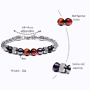 Auoy Dhof Tiger Eye Bracelet Beaded Couple Bracelet for Women and Men Titanium Steel Chain Adjustable 8 mm (Red)