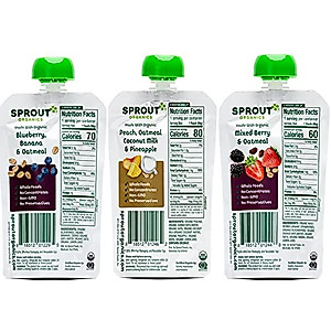 Sprout Organics, Stage 2 Variety Pack, Blueberry Banana Oatmeal, Mixed Berry Oatmeal & Peach Oatmeal with Coconunt Milk, 6+ Month Pouches, 3.5 oz (18-count)