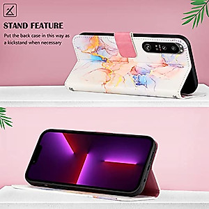 ONV Wallet Case Compatible with Sony Xperia 1 III - Premium Marble Painted Leather Flip Case Stand Card Slot Magnet with Silicone Shell Flip Cover for Sony Xperia 1 III [Marble] -White