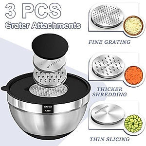 Umite Chef Mixing Bowls with Airtight Lids, 8PCS Stainless Steel Nesting Mixing Bowls Set, 3 Grater Attachments & Non-Slip Bottoms, Black Kitchen Bowls, Size 5, 4, 3.5, 2, 1.5QT for Baking & Serving