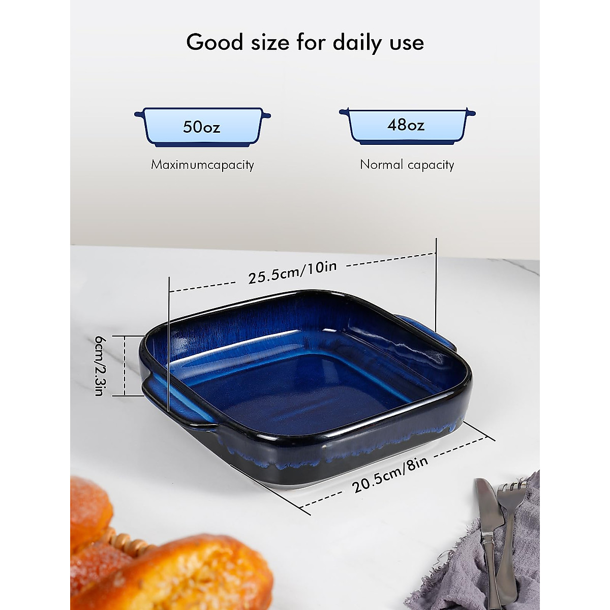 Ceramic Baking Dish - 8x8 Deep Square Baking Pan, Lasagna Pan with Double Handles, Non-Stick Casserole Pan for Oven, Brownie, Lasagna, Roasting - Home Gift (Reactive Glaze Blue)