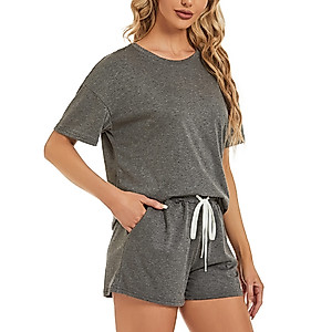 LOCUBE Women's Pajama Sets Short Sleeve Lounge Wear Set Soft Comfy Stretch Casual Pj and Shorts with Pocket (Grey 2, Small)