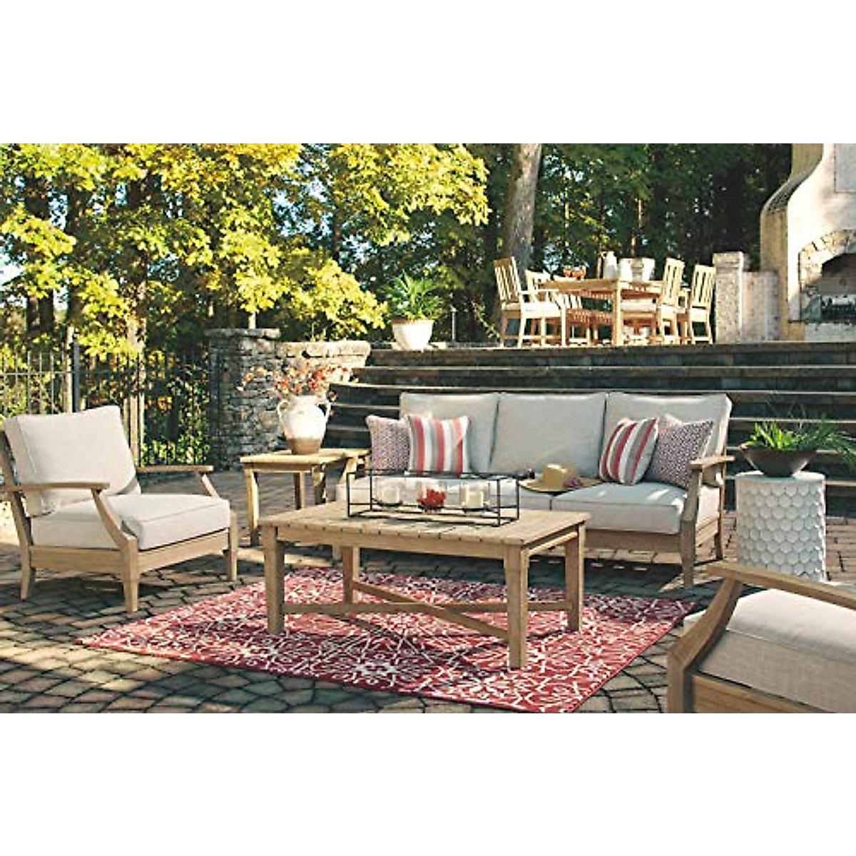 Signature Design by Ashley Clare View Coastal Outdoor Patio Eucalyptus Sofa with Cushions, Beige & Gerianne Outdoor Eucalyptus Patio End Table, Light Brown