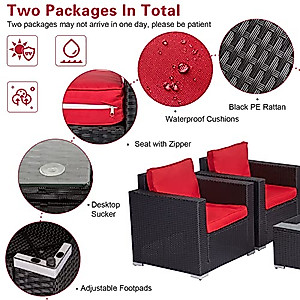 Peach Tree 4 PC Patio Furniture Sets PE Rattan Wicker Sofa Sectional Conversation Set with Washable Cushion and Coffee Table Deck Couch Set for Garden Outdoor(Red)