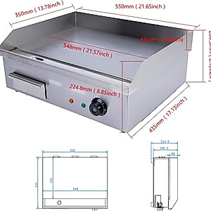 Electric Countertop Flat Top Griddle Non-Stick Commercial Electric Griddles Restaurant Teppanyaki Grill Stainless Steel Adjustable Temperature Control 122°F-572°F, Silver, 110V 1500W, 21.57 * 13.77in