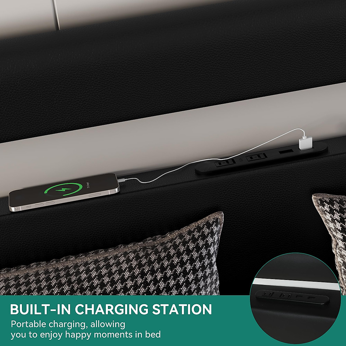 YITAHOME Queen Bed Frame,Upholstered Led Bed Frame with Lights & Storage Charging Station,Platform Bed Frame with Premium Pu Leather/No Box Spring Needed,Obsidian Black