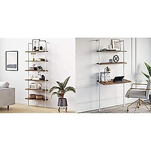 Nathan James Theo 6-Shelf Tall Bookcase, Wall Mount Bookshelf, Rustic Oak/White & Theo 2-Shelf Industrial Wall Mount Ladder, Small Computer or Writing Desk, Rustic Oak/White