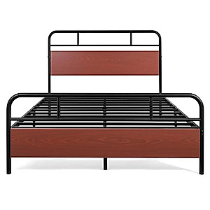 CAPHAUS Round Corner Metal Bed Frame with Modern Wood Headboard and Footboard, Mattress Foundation, Metal Platform Bed with Premium Steel Frame, Noise-Free, No Box Spring Needed, Full Size, Walnut