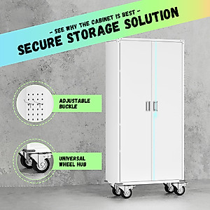 INTERGREAT 72" Metal Garage Storage Cabinet with Wheels, White Steel Locking Cabinet with 2 Adjustable Shelves and Doors, Rolling Metal Tool Cabinet for Home, Office, School, Garage