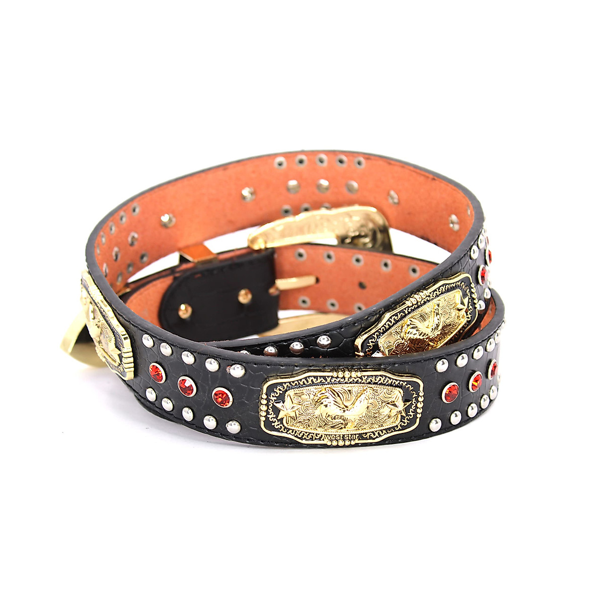 West Star Concho Genuine Leather Belt Mens Women Western Cowboy Leather Belt-Rooster Black Red XL
