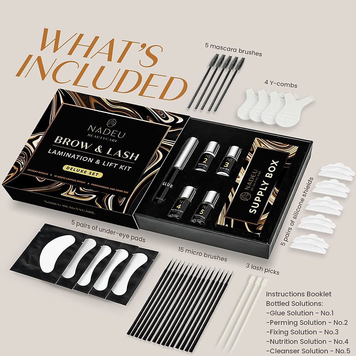 Nadeu Beautycare Eyebrow Lamination Kit & Lash Lift Kit Deluxe Set - Includes Beauty Brushes & Tools - Fuller Feathered Eyebrows & Curled Lashes - DIY at Home for Gorgeous Lifted Lashes & Trendy Brows