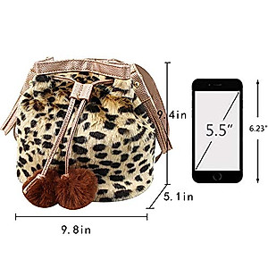 Van Caro Women’s Faux Fur Drawstring Bucket Bag Shoulder Crossbody Bag, Leopard Brown