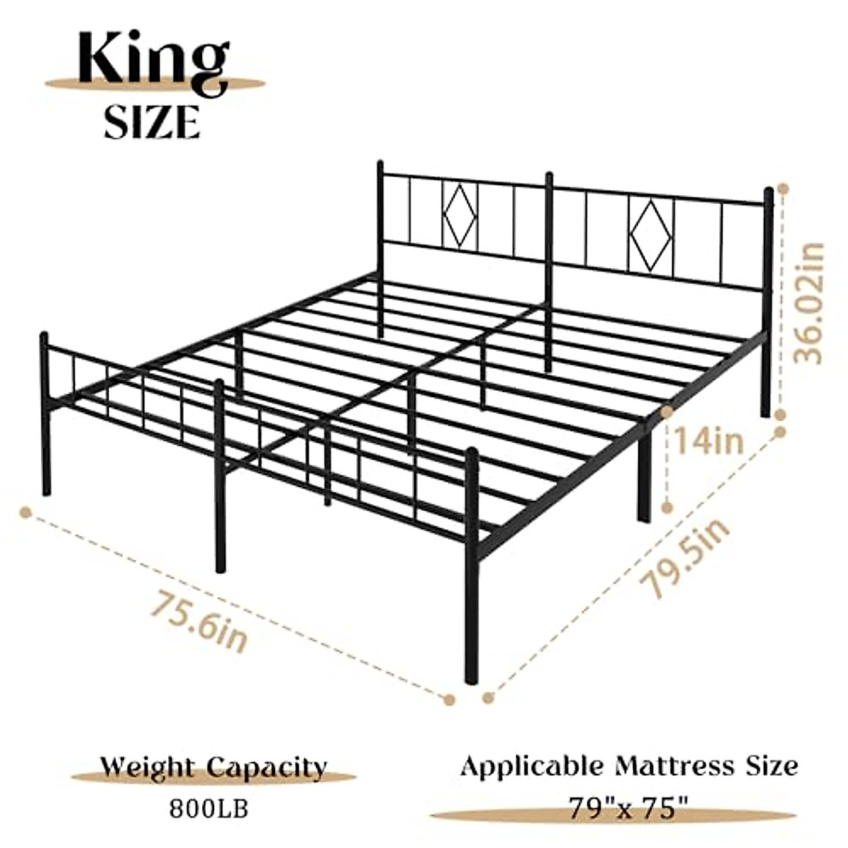 Mavesmog King Bed Fram 14 inch High Metal Platform Mattress Foundation King Size Bed Frame with headboard Footboard, Heavy Duty Bed Base, No Box Spring Needed Under Bed Storage Easy Assembly, Black
